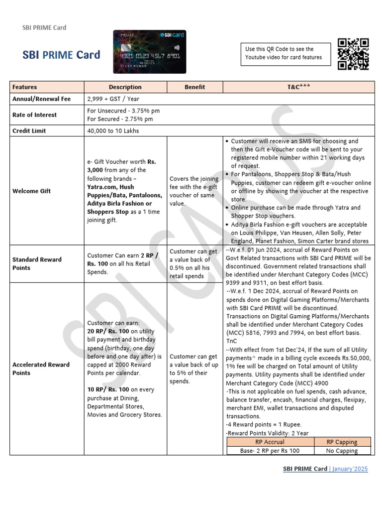 SBI PRIME Card Features & Benefits 2025 | PDF | Credit Card | Banking ...