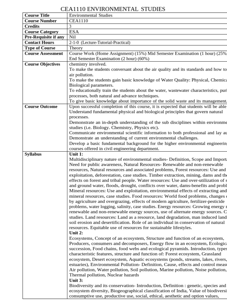 CEA1110 Environmental Studies Course | PDF | Ecosystem | Biodiversity