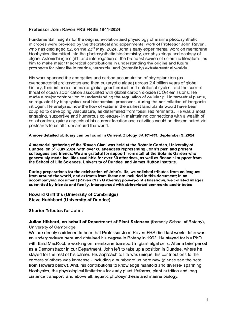 Professor John Raven FRS FRSE, 1941-2024 | PDF | Botany | Biology