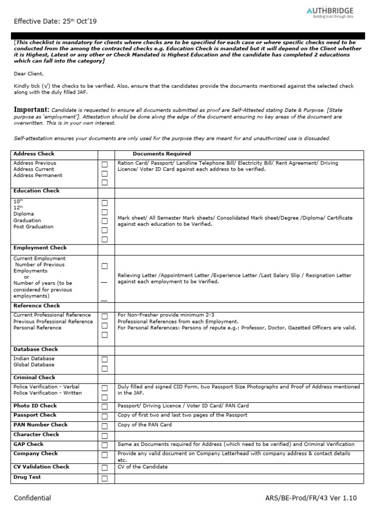 Background Verification Form Checklist | PDF | Identity Document ...