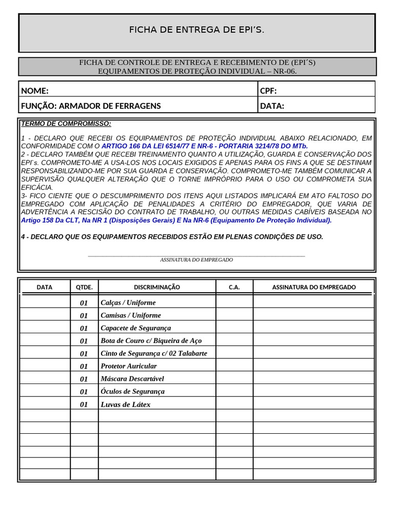 FICHA DE EPI ATUALIZADA | PDF