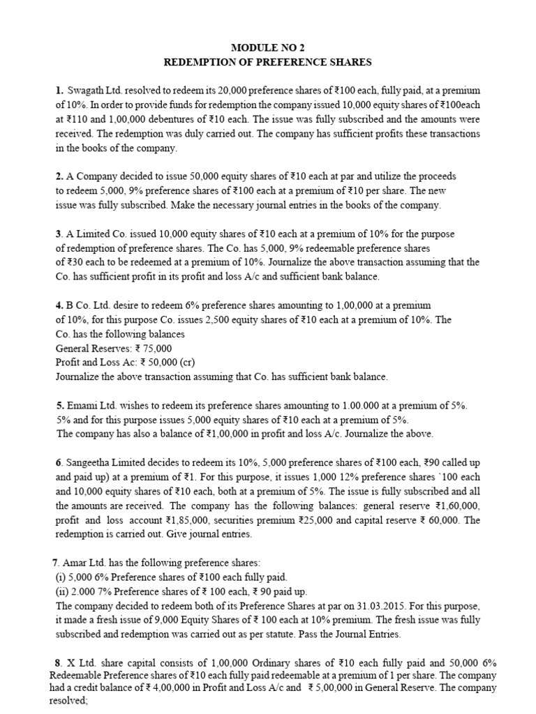 Redemption of Preference Shares Journal Entries | PDF | Equity (Finance ...