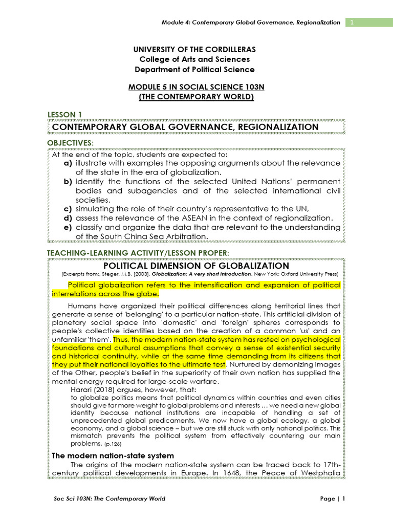 SOC SCI 103N MODULE 5 Lesson 1 Political Dimension of Globalization | PDF | Globalization | Non ...