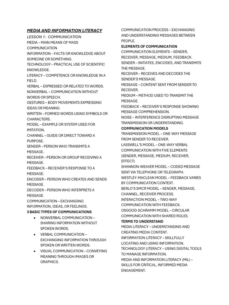 Media and Information Literacy Reviewer Midterms | PDF | Communication | Human Communication