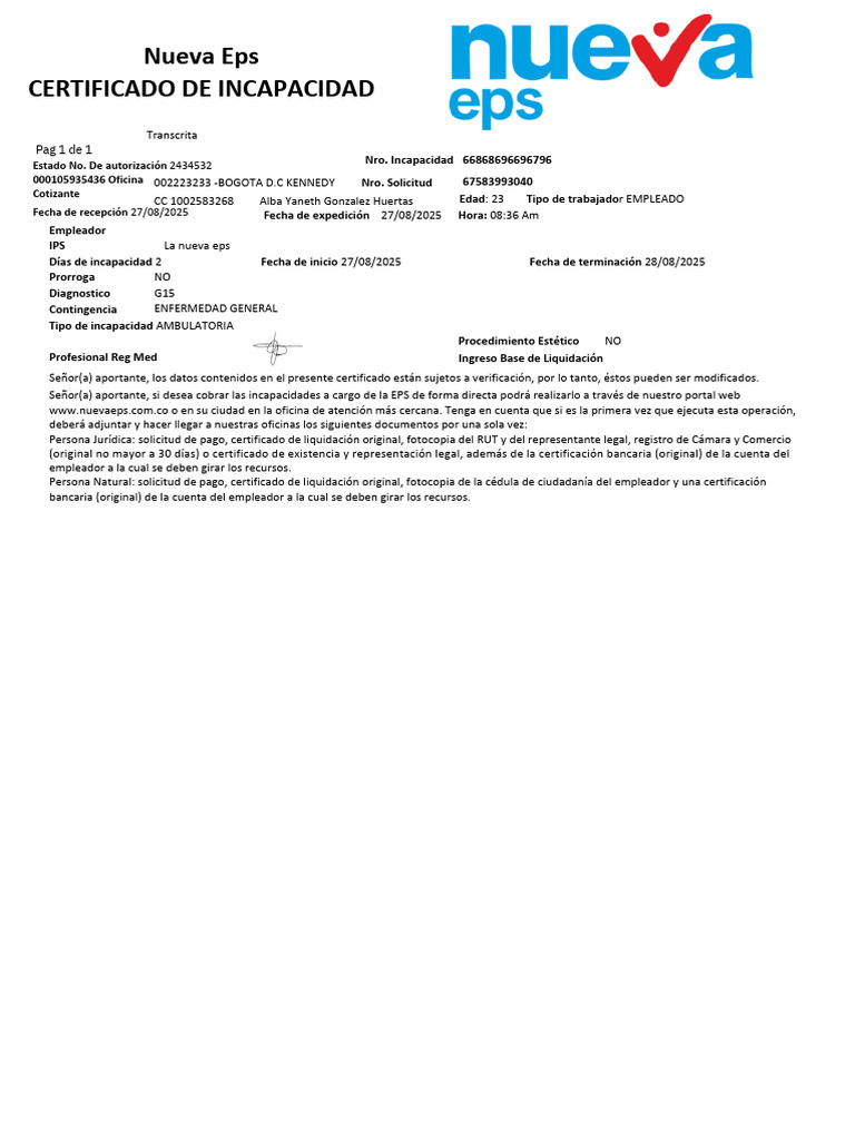 Alba Yaneth Nueva Eps 776887 | PDF