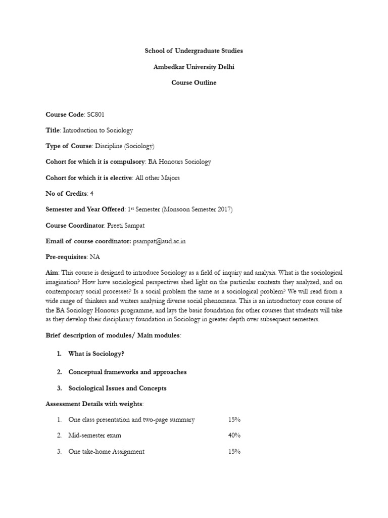 Introduction to Sociology Course Outline | PDF
