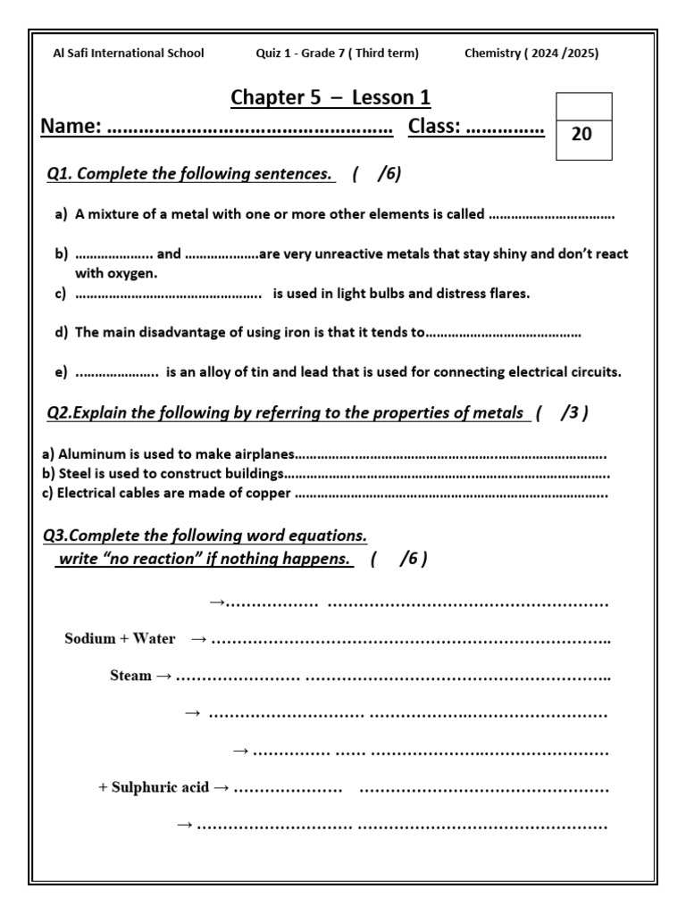 Chemistry Quiz 1 Grade 7 Third Term 2025 | PDF