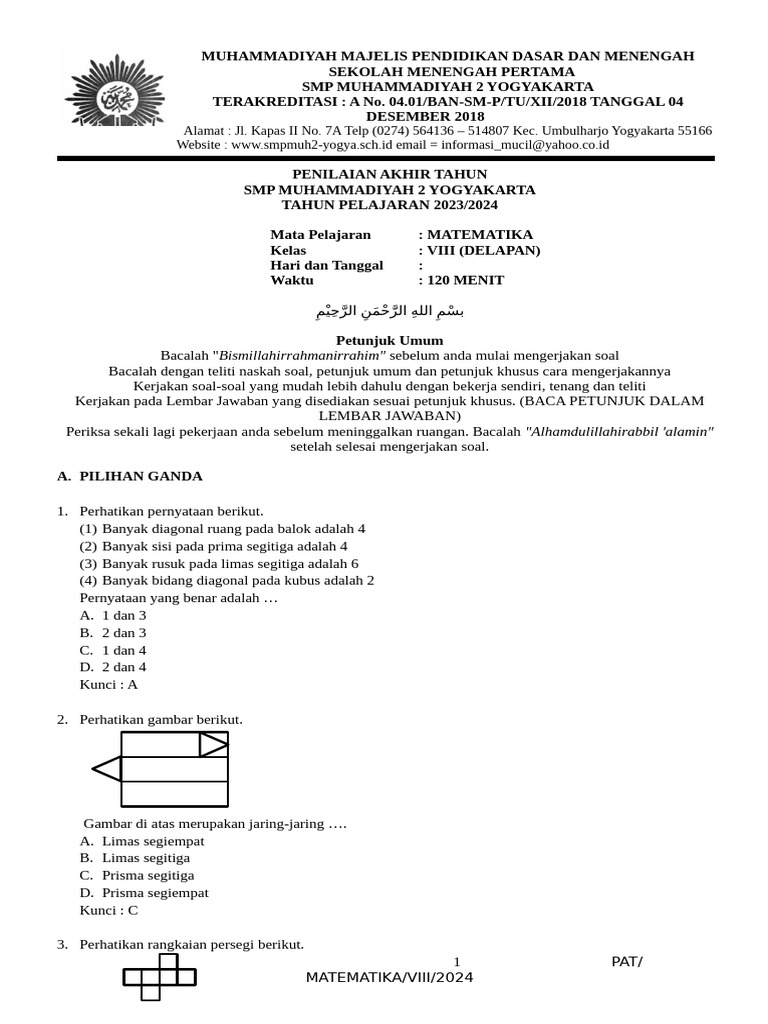 SOAL PAT MTK Kelas 8 SMP Khusus | PDF