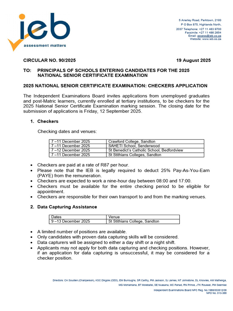 NSC Circular Checkers Application Form 2025 | PDF | Educational Stages