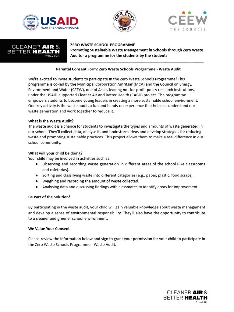 MCA-CEEW Zero Waste Schools Consent Form | PDF | Waste