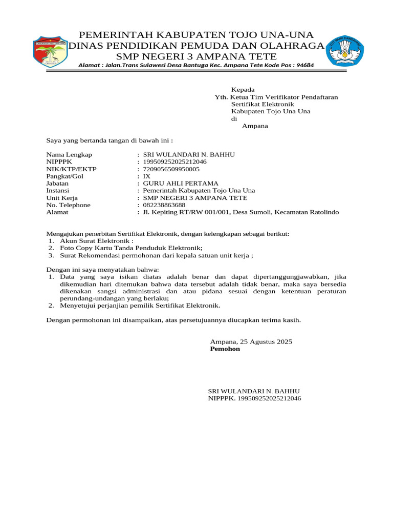 Permohonan Tte Sri Wulandari) | PDF