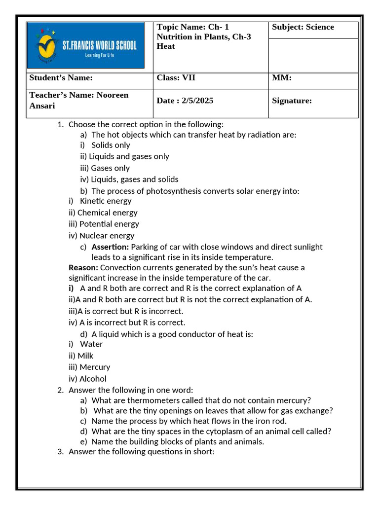 Revision Worksheet Class 7 Science | PDF | Heat | Gases