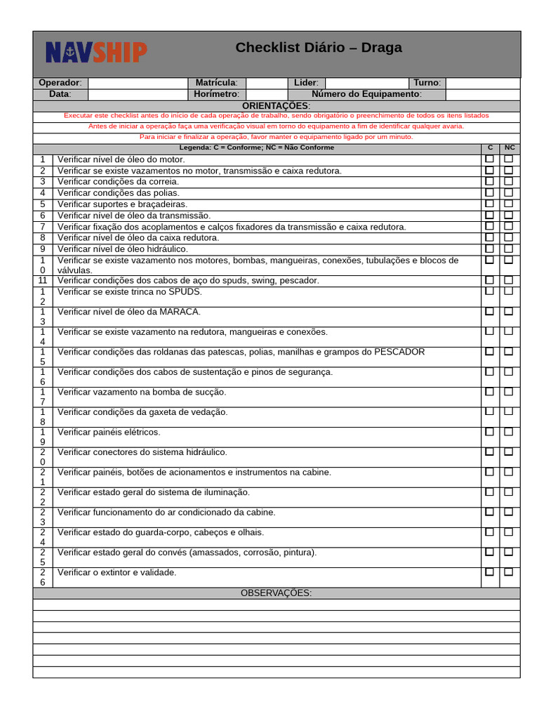 Checklist Diário DRAGA | PDF