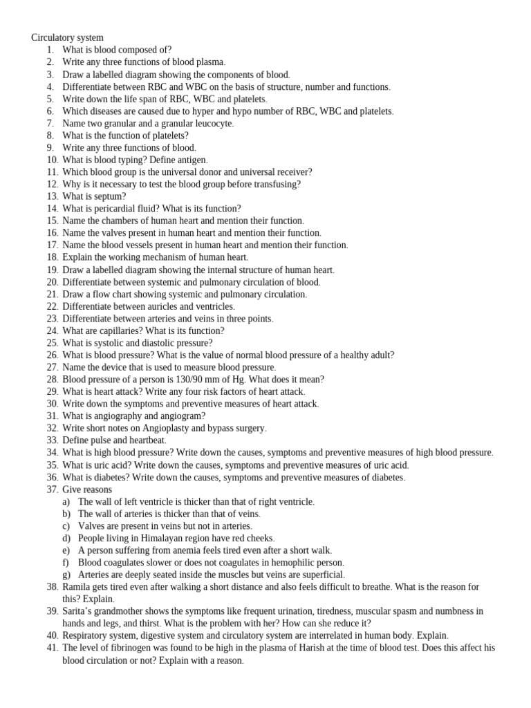 Circulatory System Study Questions | PDF | Circulatory System | Heart