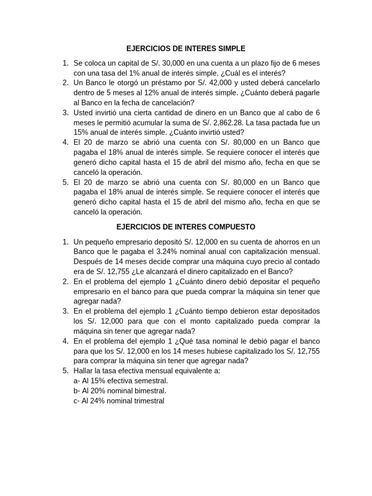 Ejercicios de Interes Simple, Compuesto y Equivalencias | PDF
