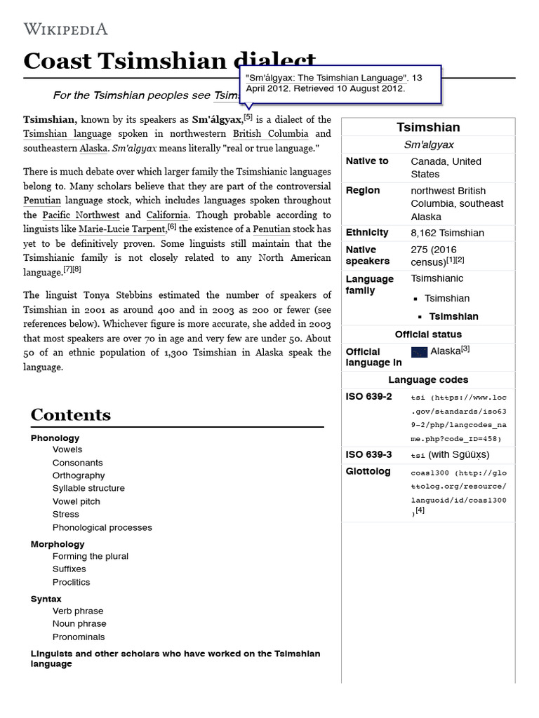 Coast Tsimshian Dialect (Wikipedia) | PDF | Syllable | Linguistic Typology