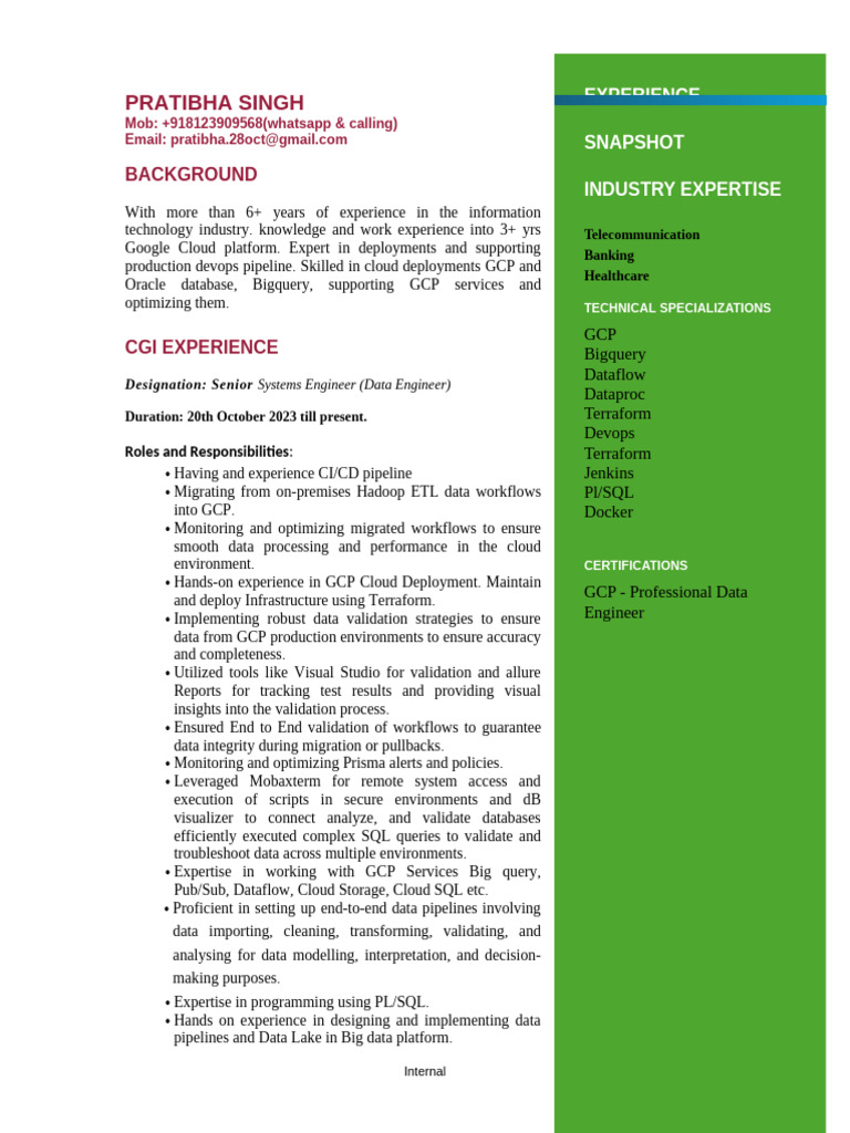 GCP Data Engineer Resume - Pratibha Singh | PDF | Apache Spark | Cloud ...
