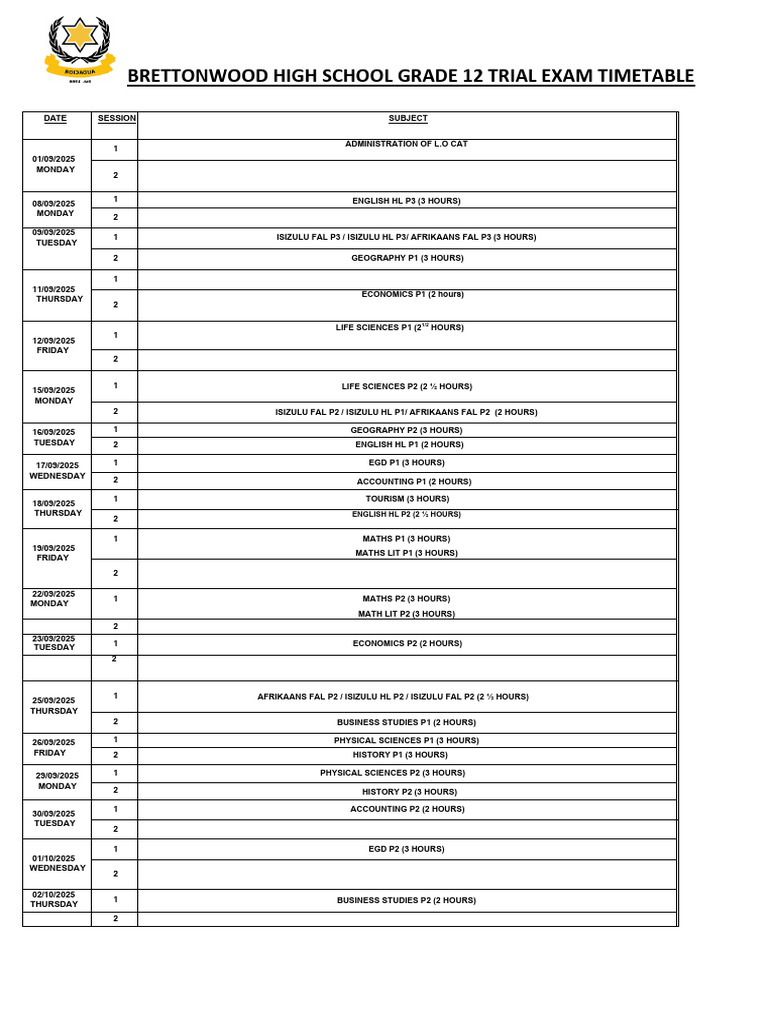 Grade 12 Trial Exam Timetable 2025 | PDF