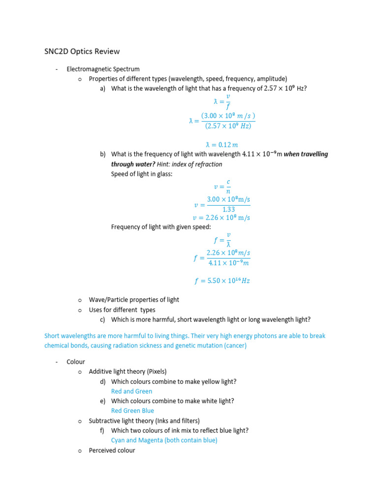 Snc2d Optics Review 2024 Answers To Most Questions | PDF | Light | Color