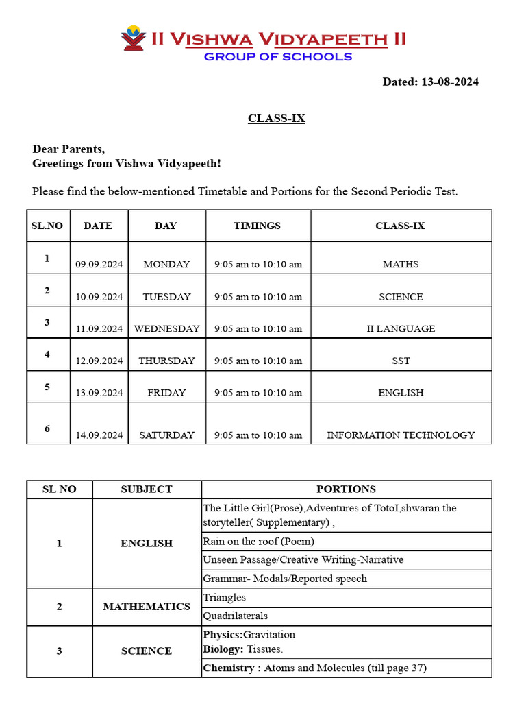 Class9Timetable and Portions1724937172050 | PDF