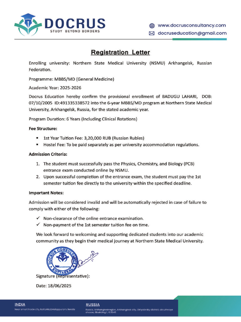 Admission Enrollment Letter | PDF