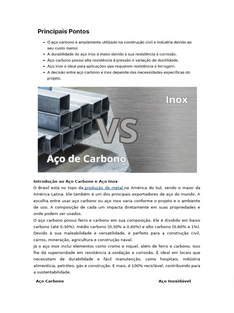 Aço Carbono vs Aço Inox: Comparação e Usos | PDF | Aço | Aço inoxidável