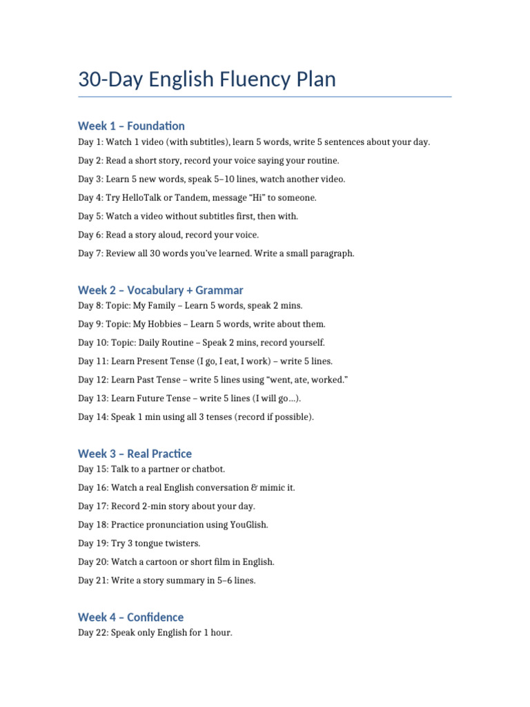 30-Day English Fluency Guide | PDF