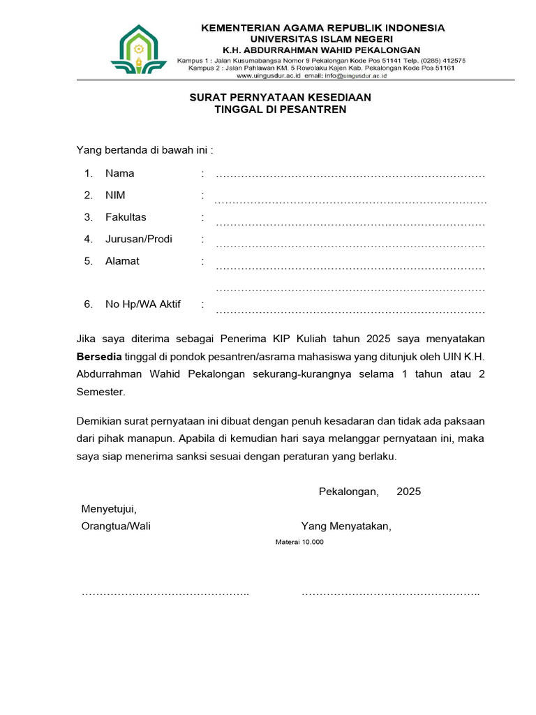 Surat Pernyataan Tinggal di Pesantren | PDF
