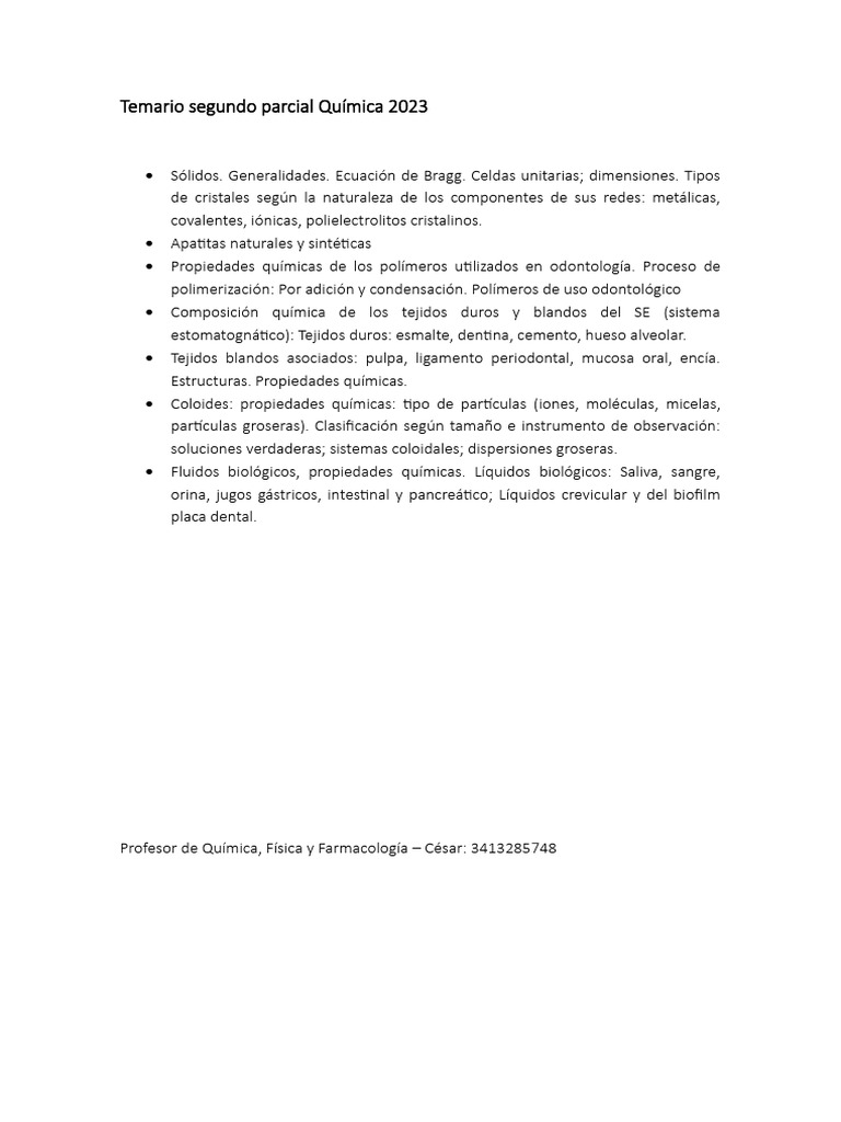 Temario Segundo Parcial Química 2023 | PDF