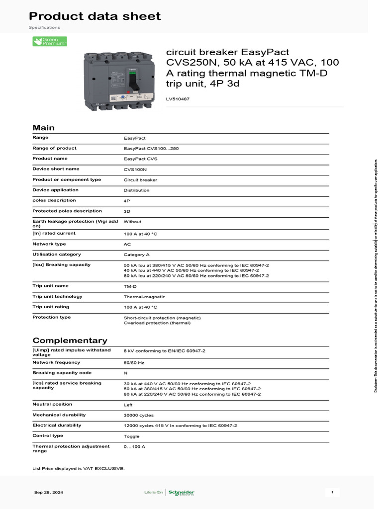 EasyPact CVS250N Circuit Breaker Specs | PDF | Alternating Current ...