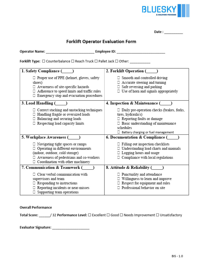 Forklift Operator Evaluation Form (BIS - 1.0) | PDF | Forklift | Safety