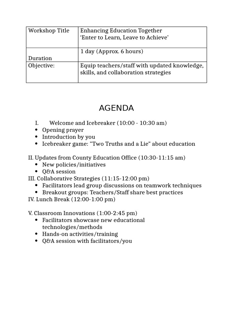 Teacher Collaboration Workshop Agenda | PDF