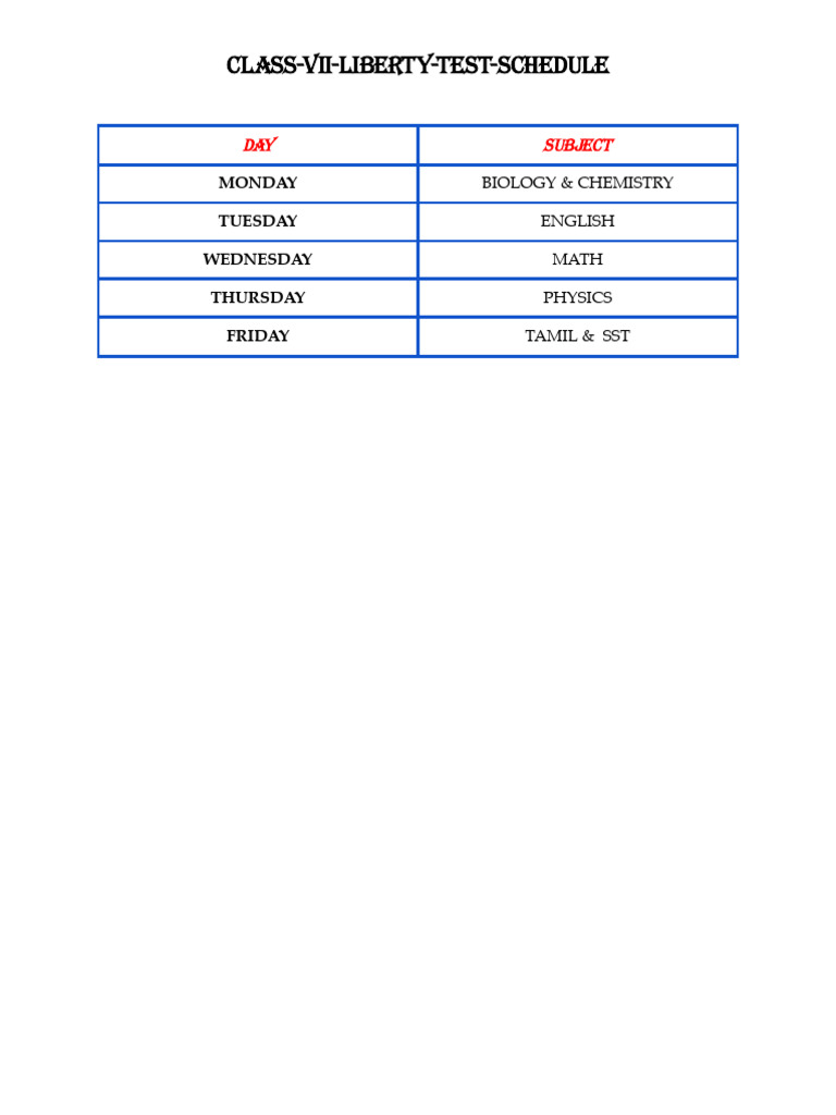 Class VII Liberty Test Schedule | PDF
