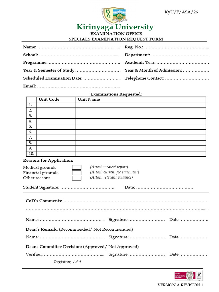 Kirinyaga University Exam Request Form | PDF