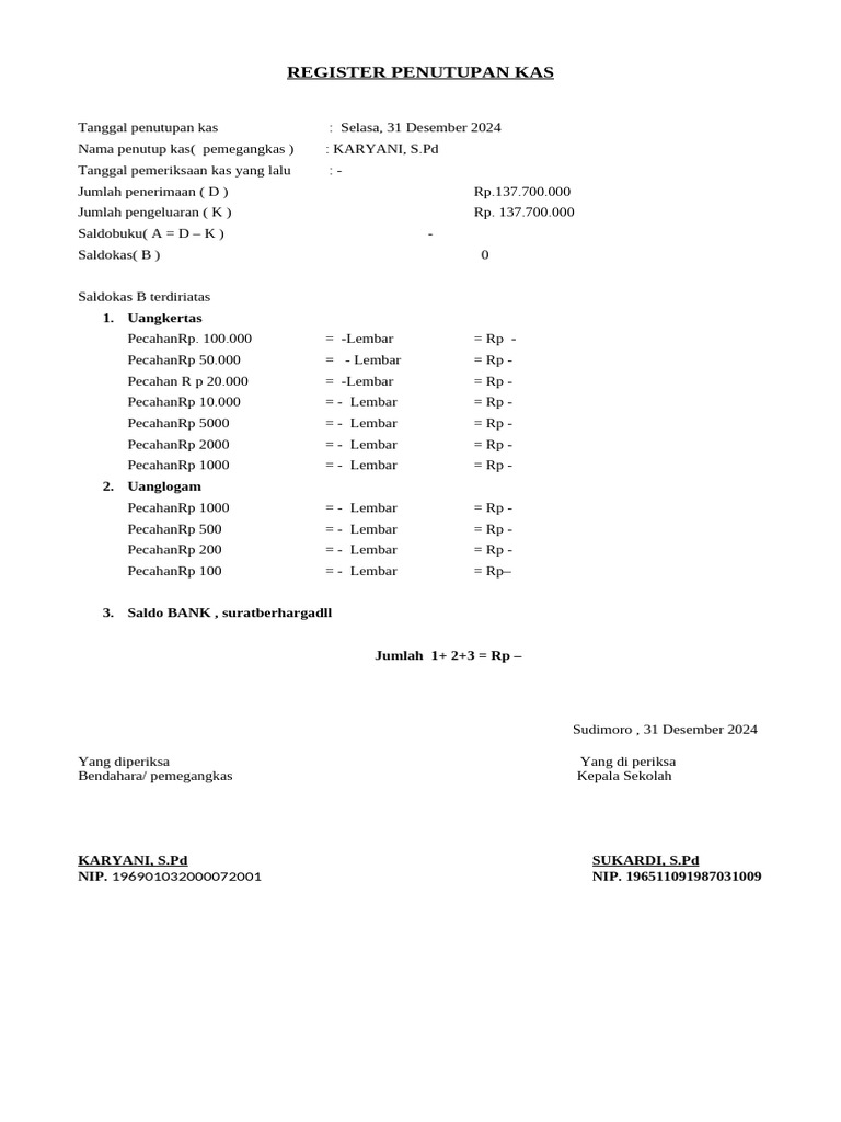 Contoh Register Penutupan Kas 2024 | PDF