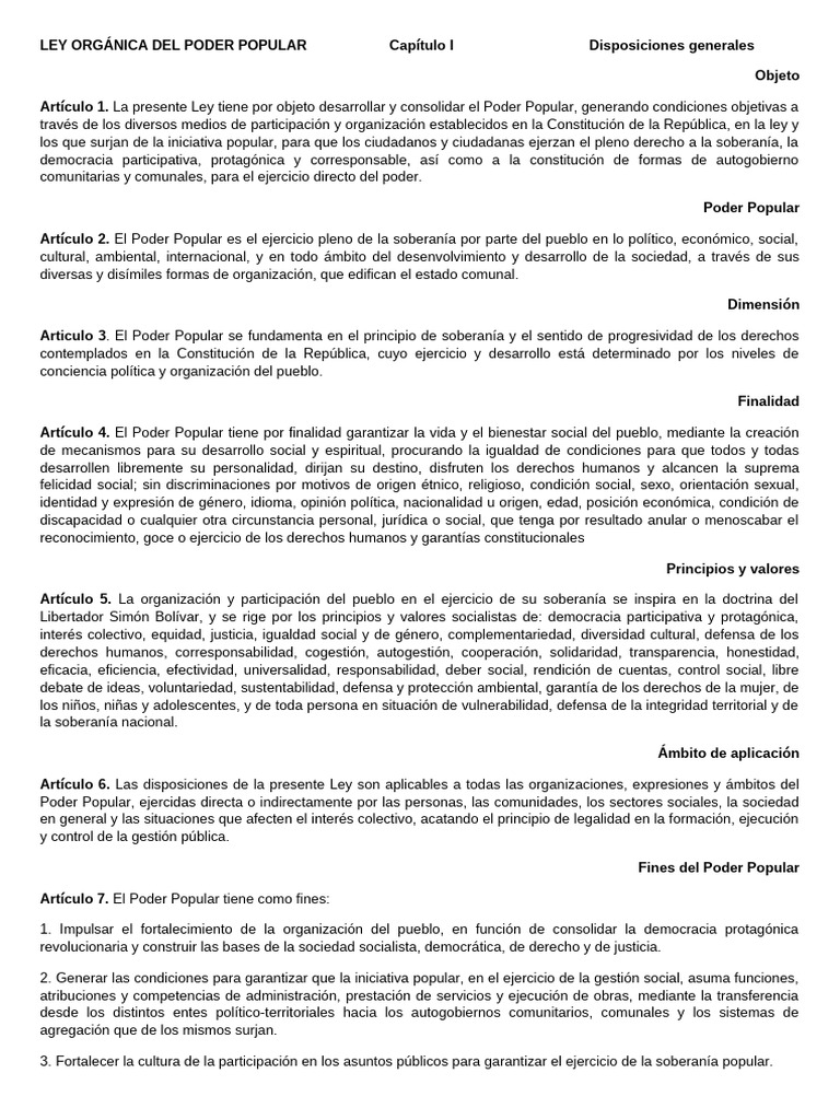 LEY ORGÁNICA DEL PODER POPULAR Capítulo I Disposiciones Generales | PDF ...