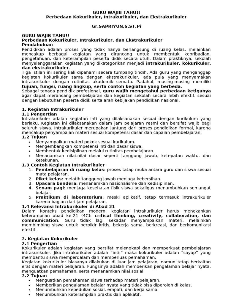 Perbedaan Kokurikuler, Intrakurikuler, Dan Ekstrakurikuler. GR - SAPRIYUN, S.ST - Pi | PDF