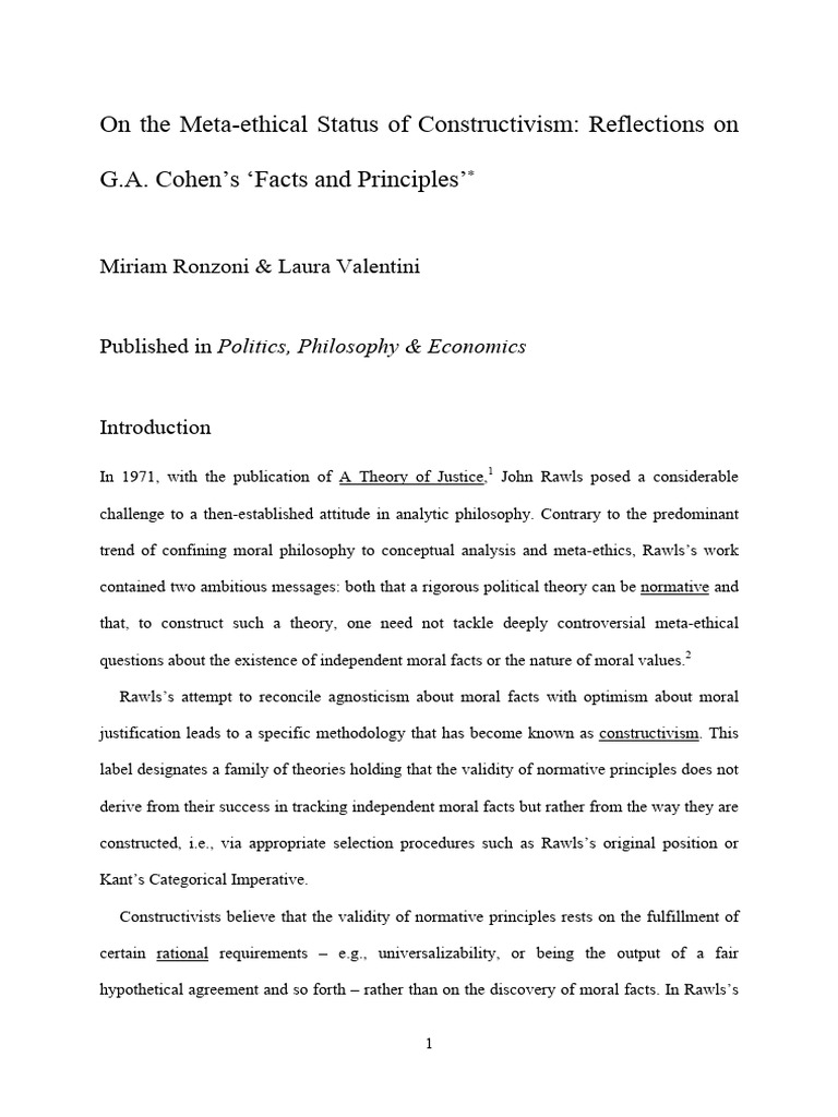 On The Meta-Ethical Status of Constructivism - Reflections On G.A. Cohen's Facts and Principles ...