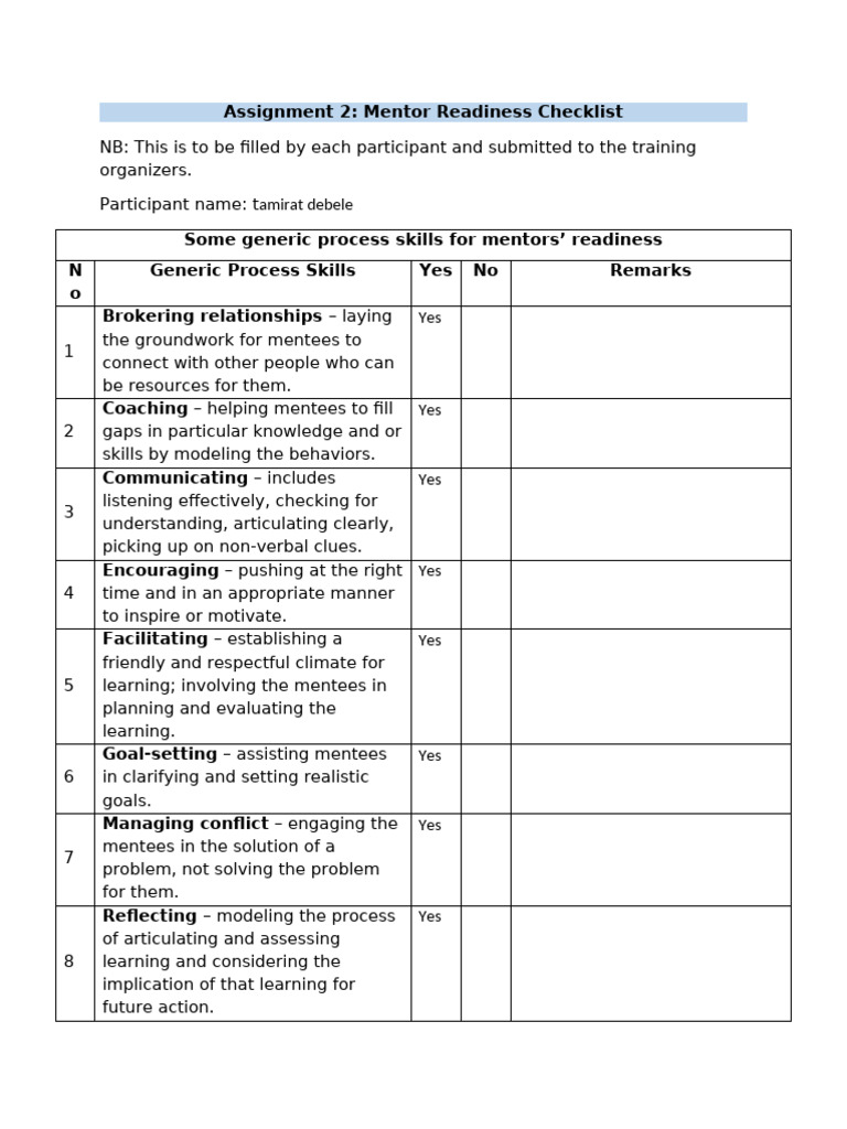 Mentor Readiness Checklist | PDF