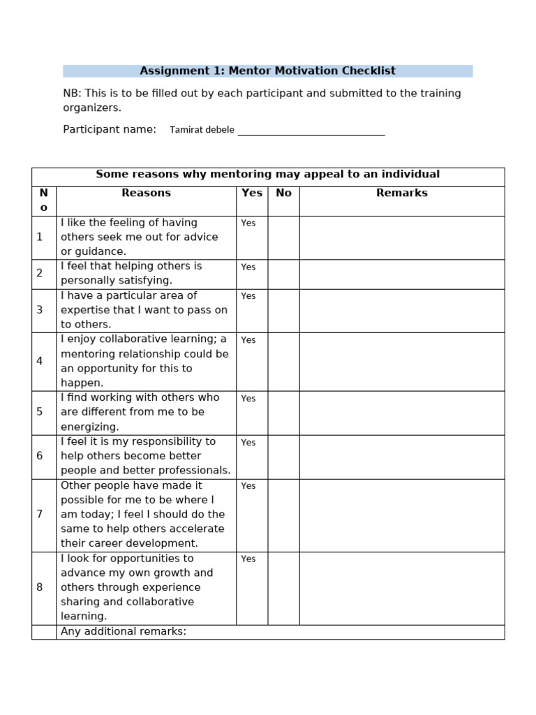 Mentor Motivation Checklist | PDF
