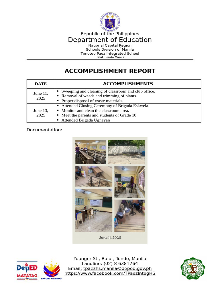 Accomplishment Report Brigada Eskwela | PDF