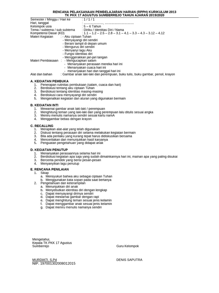 RPPH Identitas Diri untuk TK 2019/2020 | PDF