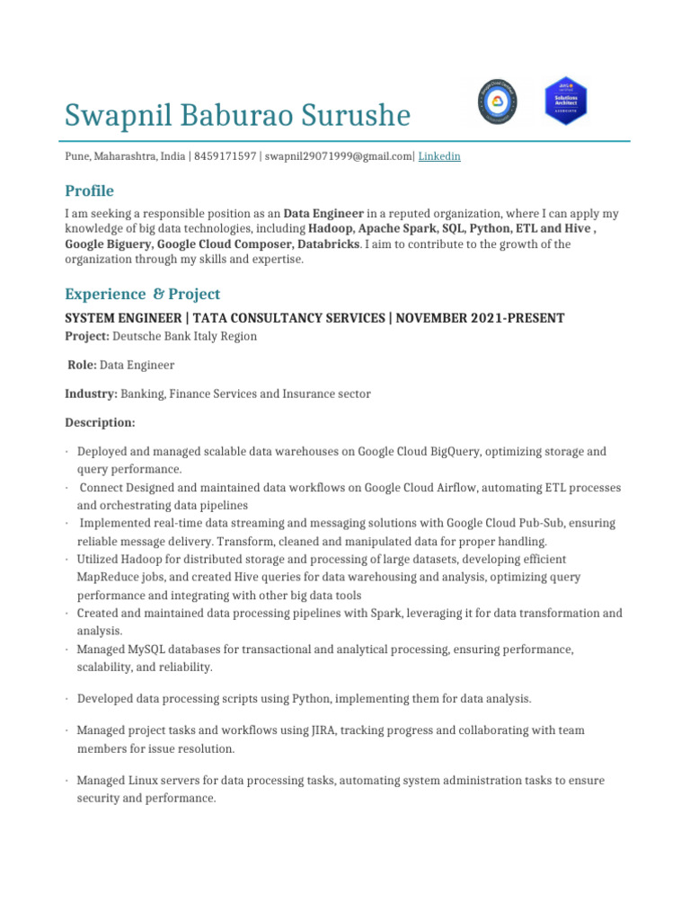Swapni CV GCP Data Engineer | PDF | Apache Hadoop | Apache Spark