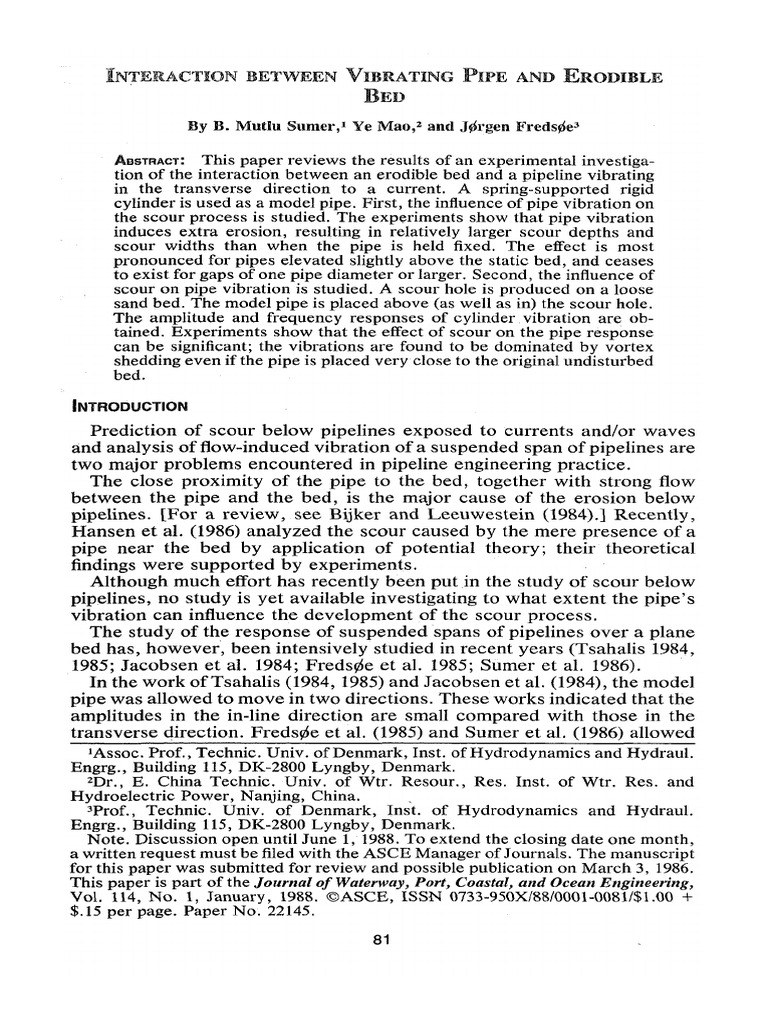 Interaction Between Vibrating Pipe and Erodible Bed-sumer&Fredsoe | PDF ...