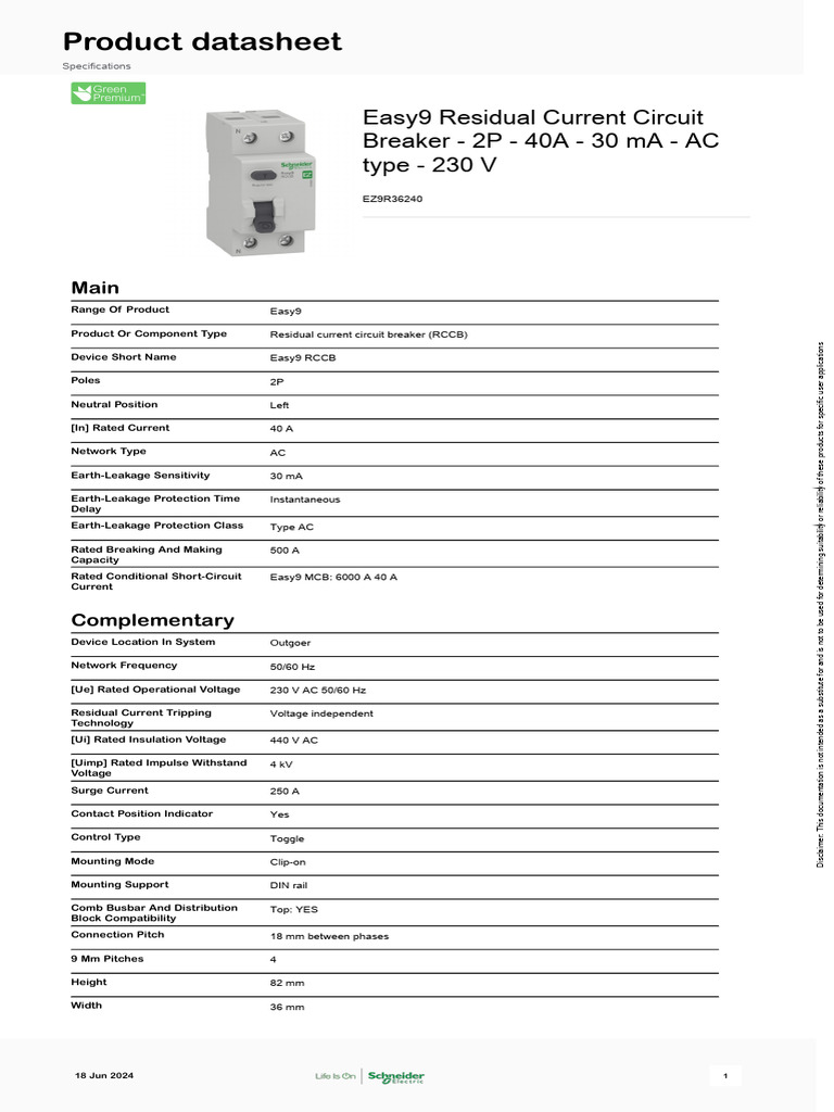 Schneider Electric Easy9-RCCB EZ9R36240 | PDF | Alternating Current | Electricity