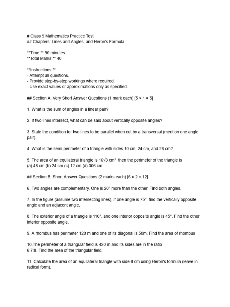 # New Class 9 Mathematics Practice Test | PDF | Triangle | Area