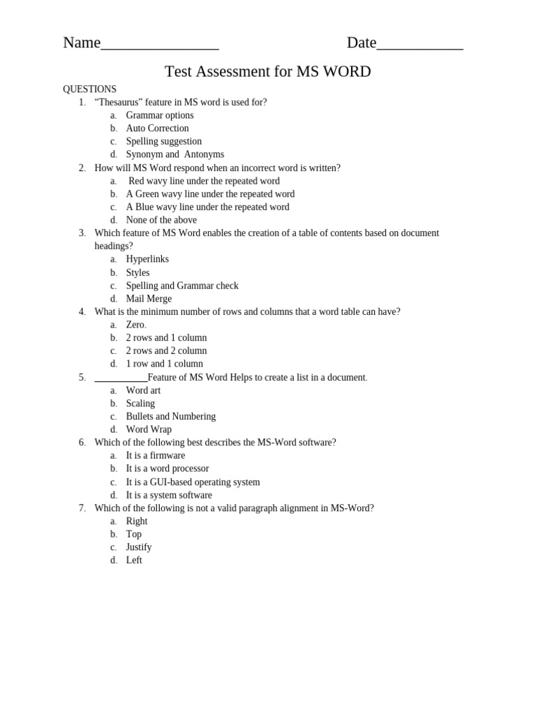 Test Assessment For MS WORD | PDF | Microsoft Word | Software