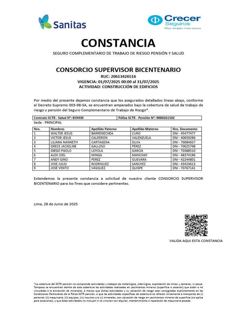 SCTR Constancia C.S. Bicentenario Julio 2025 | PDF | Póliza de seguros | Mineralogía