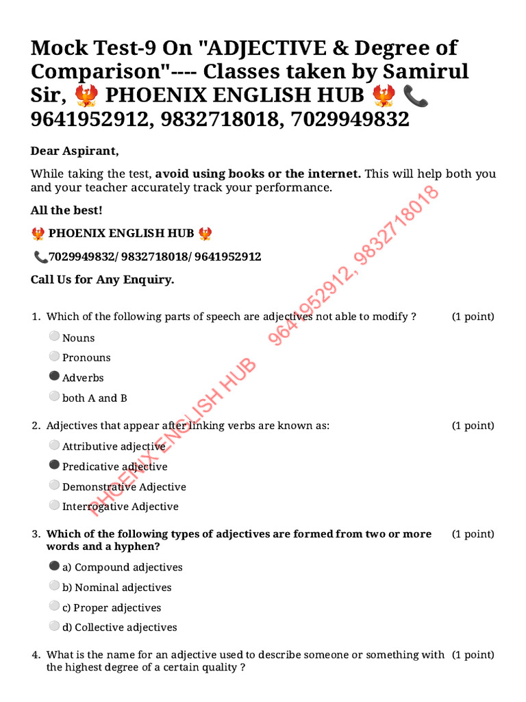 Mock Test-9 On "ADJECTIVE & Degree of Comparison" - Classes Taken by ...