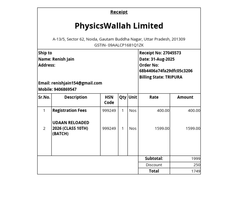 Phsicswallah Receipt | PDF